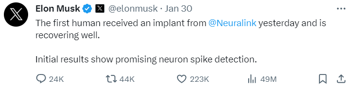 Neuralink 首宗人腦植入晶片手術完成 Elon Musk 表示患者恢復良好 - XFastest Hong Kong